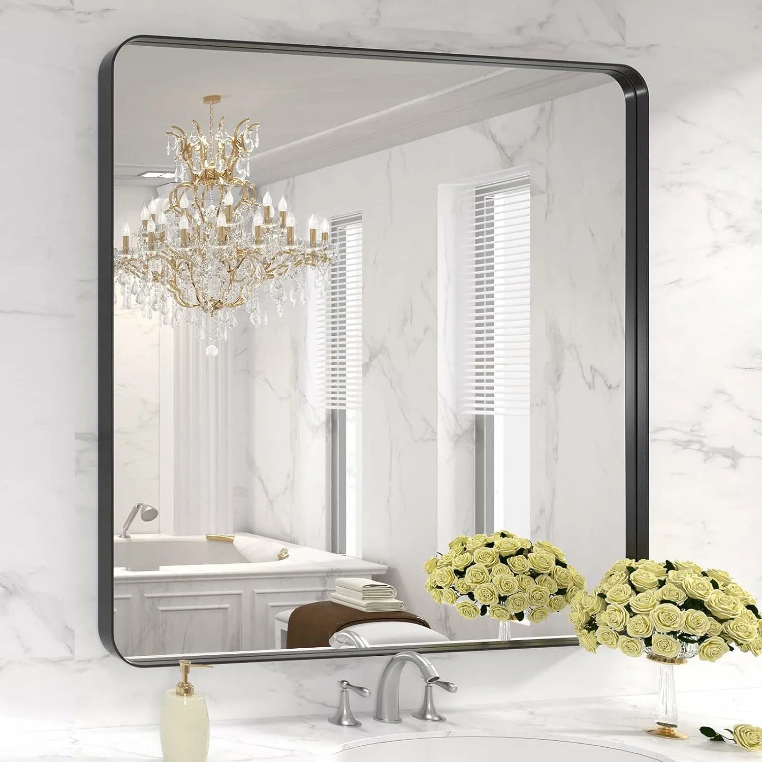 Black Metal Framed Bathroom Mirror Rounded Rectangle Matte Black Vanit